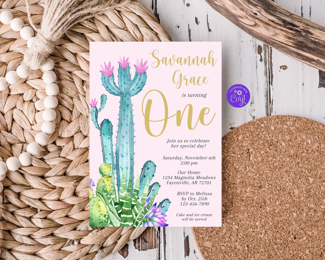 Editable Cactus Birthday Invitation Pink Gold Cactus Birthday ...