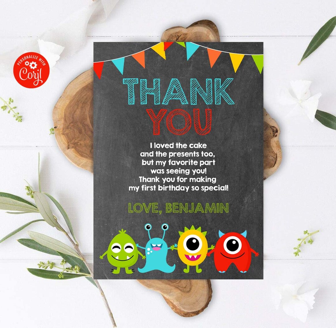Editable Monster Thank You Note Monster Birthday Thank You Card Thank ...