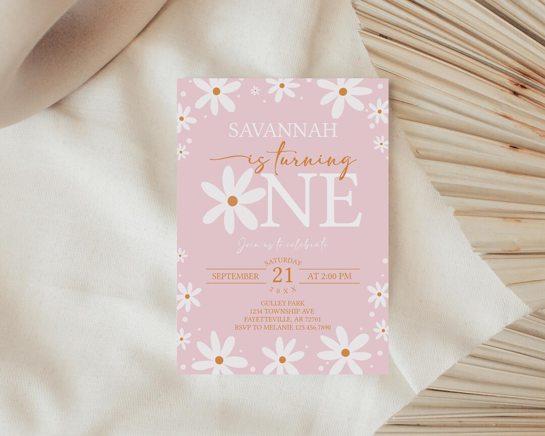 Editable Daisy Birthday Invitation Pink Daisy 1st Birthday Invitation ...