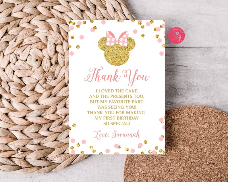Editable Minnie Mouse Thank You Card Minnie Mouse Birthday | Etsy