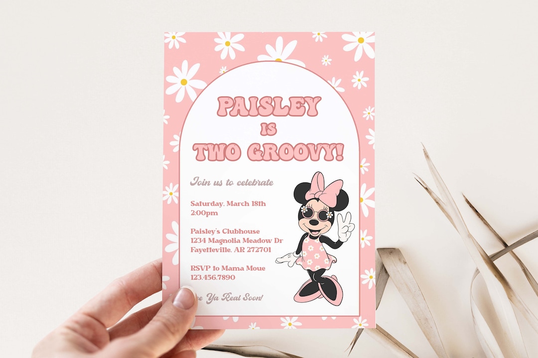 Editable Groovy Minnie Invitation Two Groovy Retro Daisy Minnie Mouse ...