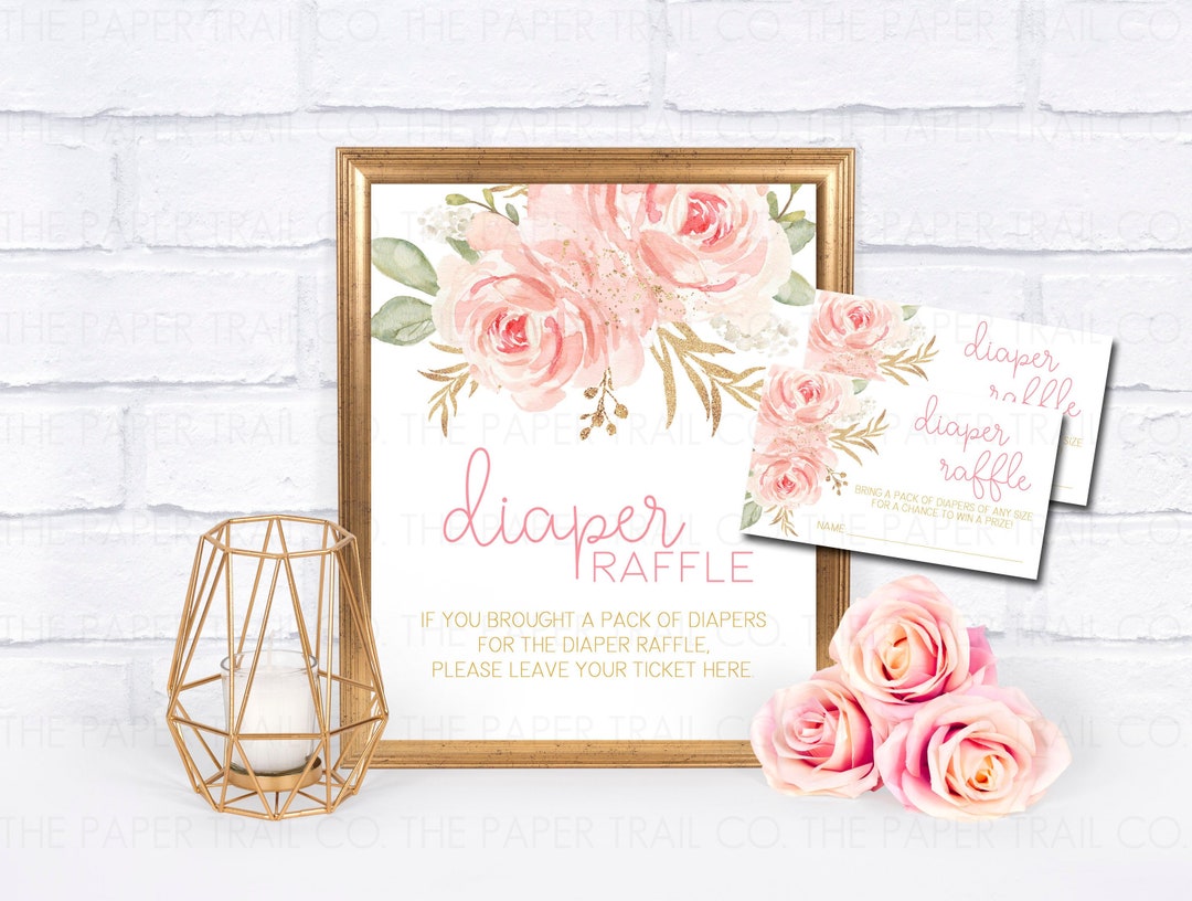 Diaper Raffle Sign, Blush Pink Floral Gold, Baby Shower Sign, Diaper ...