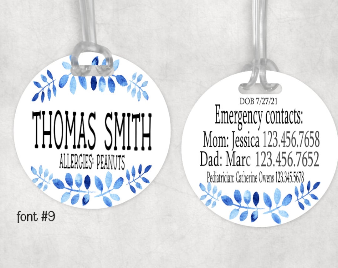 Car Seat Emergency Tag, Stroller Tag, Car Seat Tag, Allergy Tag , Child ...