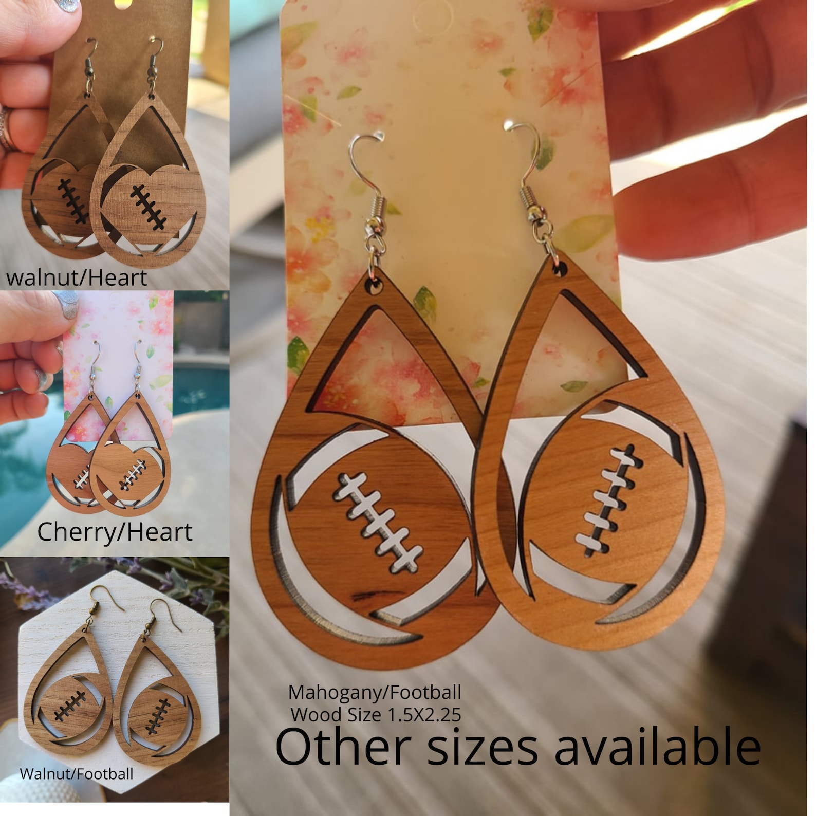 Football Earrings, Wooden Earrings, Lightweight Earring, Teardrop ...