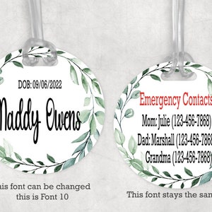 Car Seat Emergency Tag, Stroller Tag, Car Seat Tag, Allergy Tag , Child ...