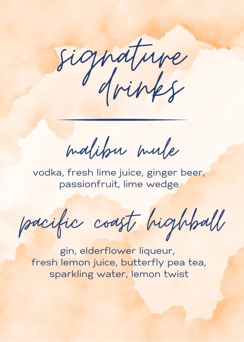 Malibu Beach Wedding Cocktail Sign: Custom Drink Menu (digital Download ...
