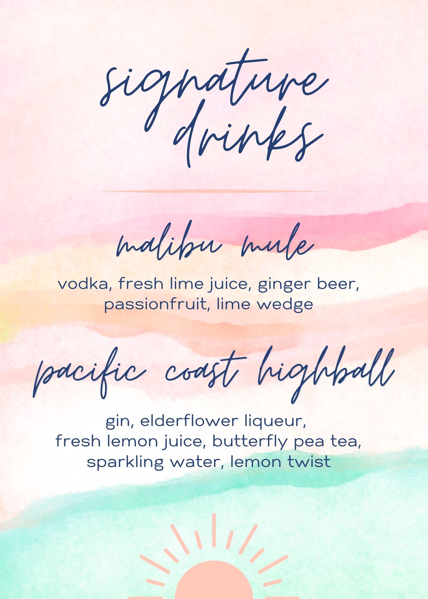 Malibu Beach Wedding Cocktail Sign: Custom Drink Menu (digital Download ...