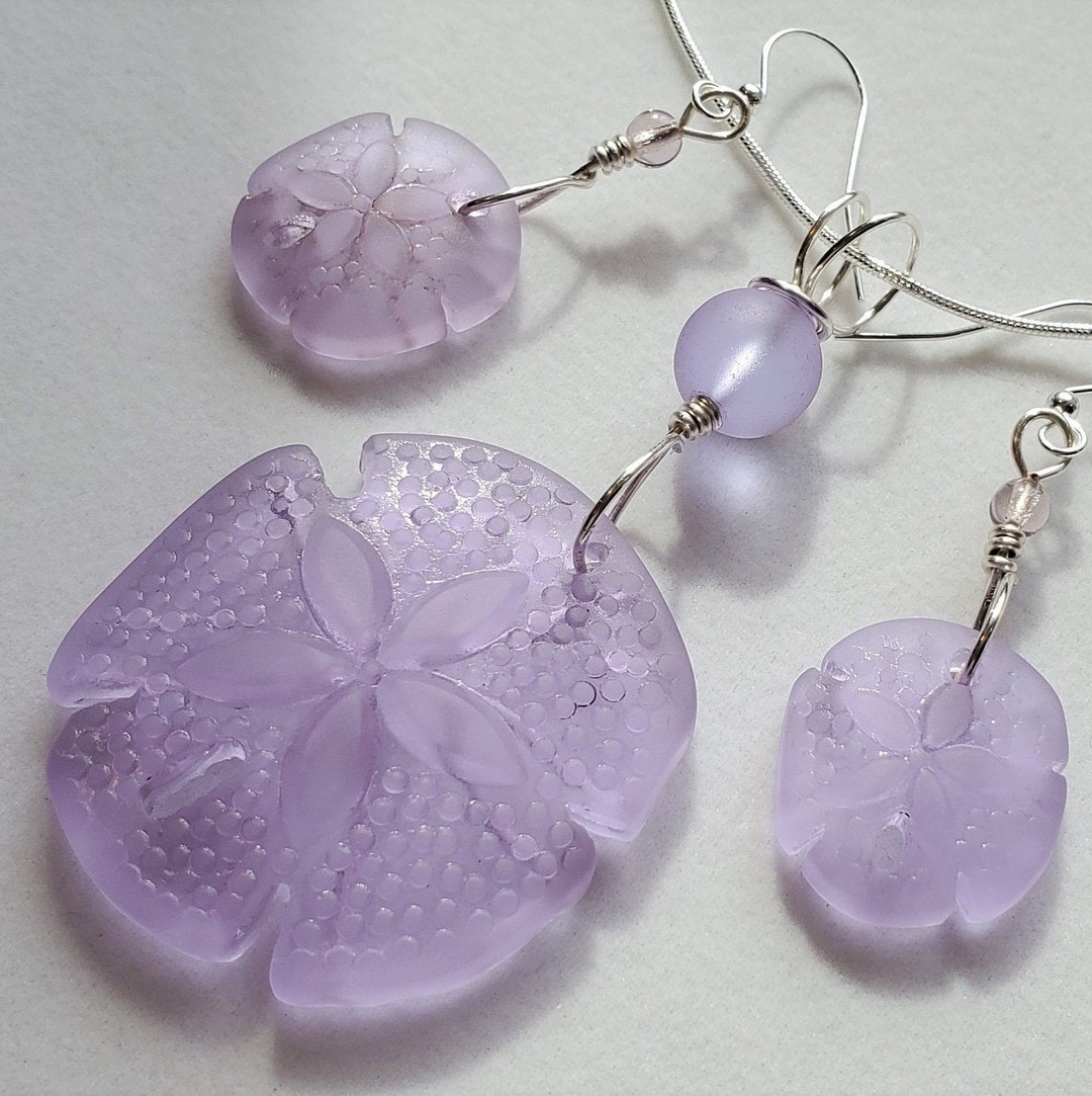 Purple Sand Dollar Sea Glass Jewelry Set, Periwinkle Sea Glass Coastal ...
