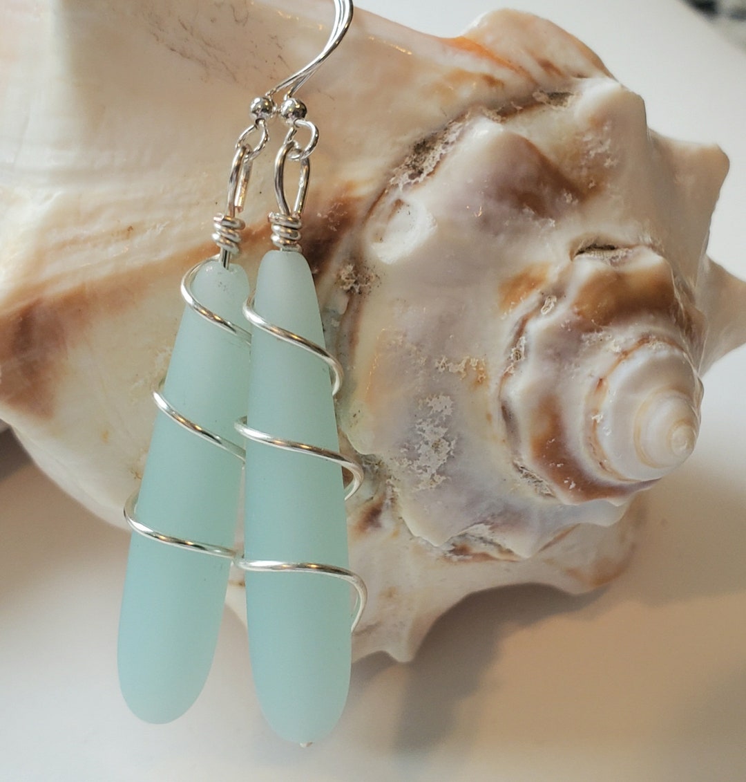 Long Teardrop Opaque Seafoam Green Sea Glass Earrings, 2" Dangle Sea ...