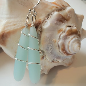 Long Teardrop Opaque Seafoam Green Sea Glass Earrings, 2" Dangle Sea Glass Wrapped Earrings ...