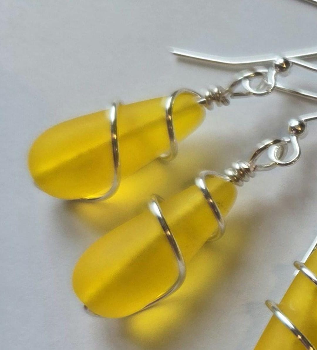Golden Yellow Teardrop Sea Glass Earrings, Teardrop Double Wrapped ...