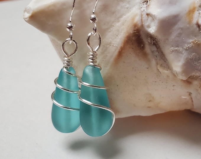 Seafoam Sea Glass Teardrop Earrings Teardrop Double Wrapped - Etsy