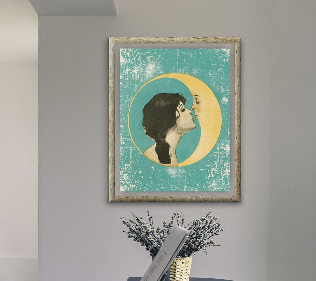 Vintage Woman Kissing Moon Art Print Dear Old Dixie Moon Man In The Moon Antique Moon Face