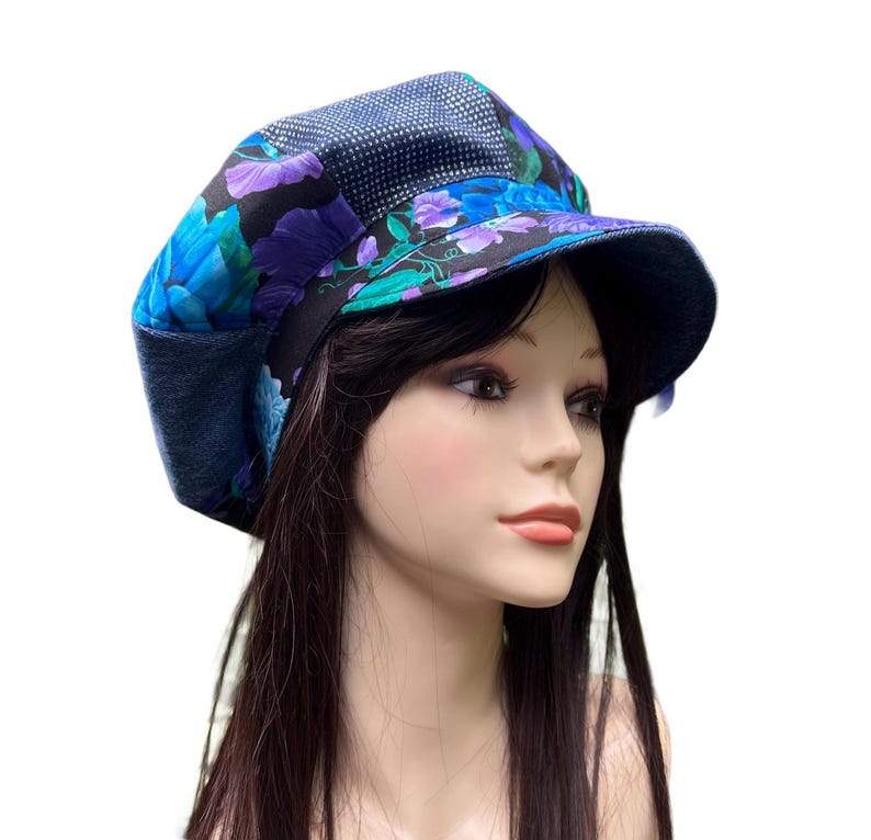 Denim Baker Boy Cap: Purple Blue Floral, Oversized Roomy Fit - Etsy