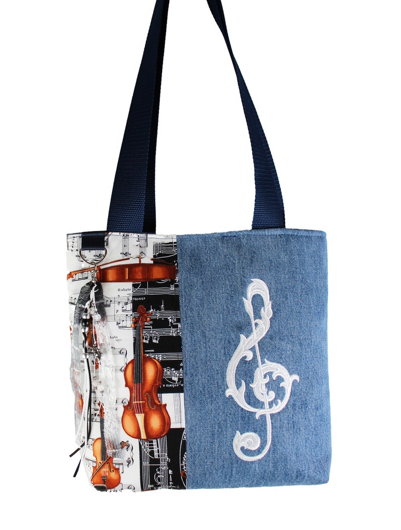 Musical Denim Tote Bag: Treble Clef Embroidery, Pockets, Tassel, Sturdy ...