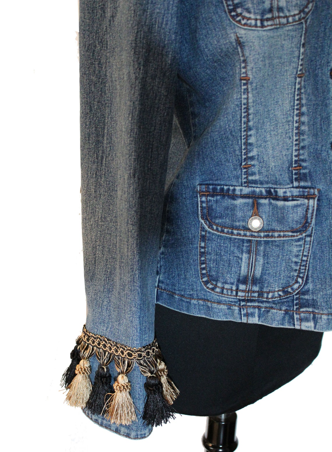 Jean Jacket M Golden Tassels Wearable Art From Our - Etsy