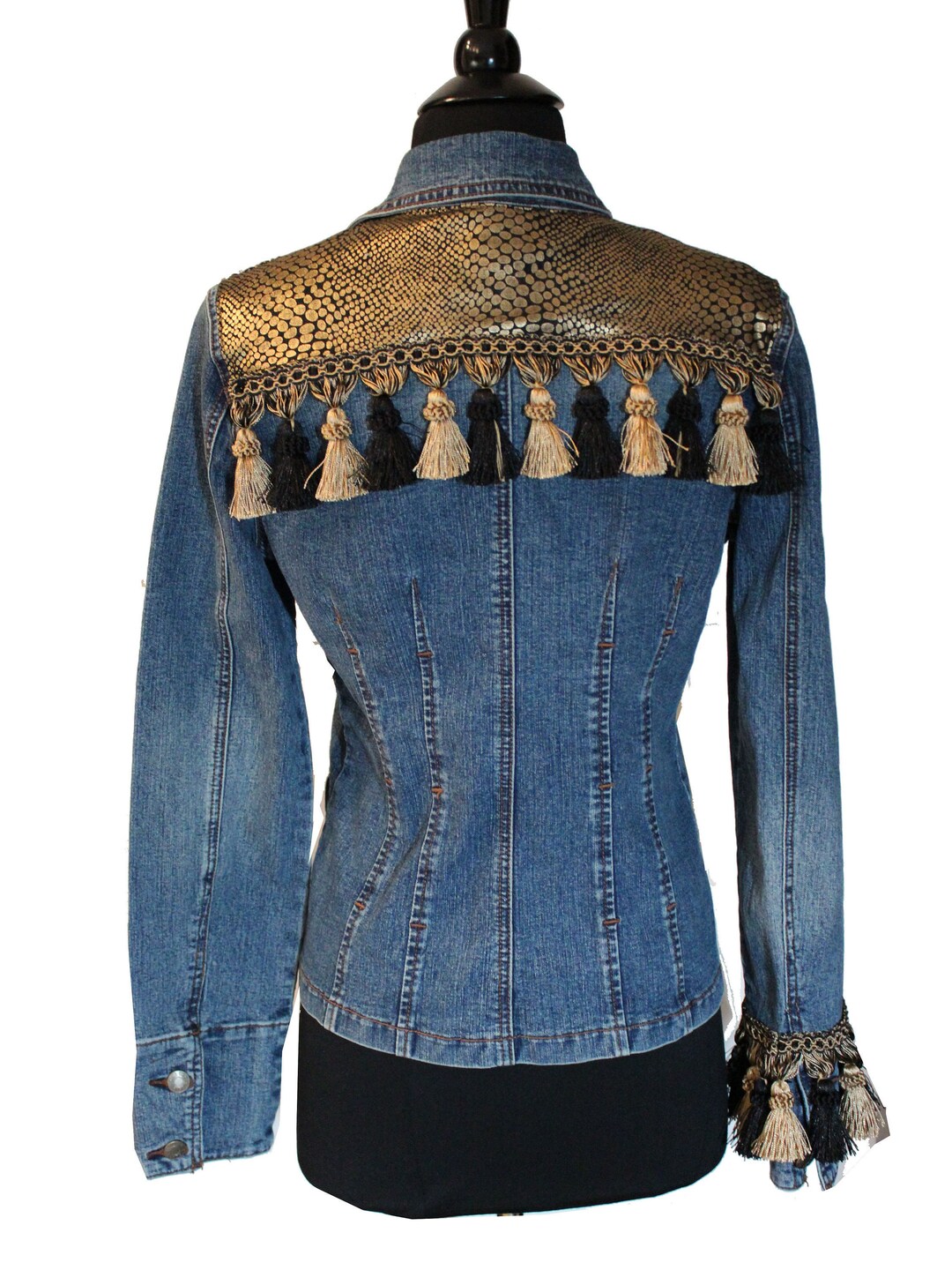 Jean Jacket M Golden Tassels Wearable Art From Our - Etsy
