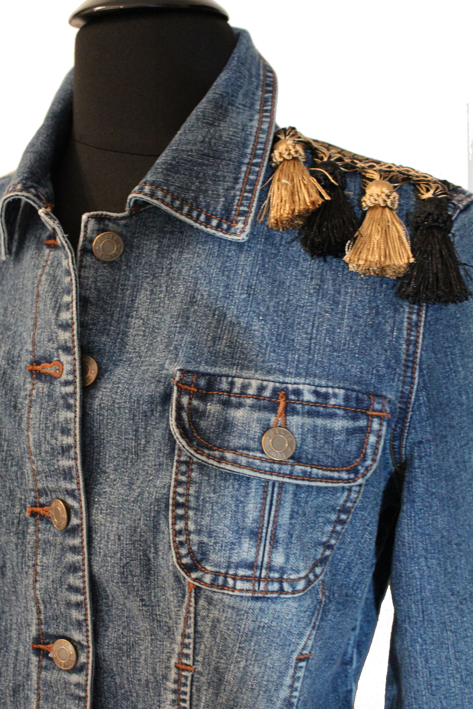 Jean Jacket M Golden Tassels Wearable Art From Our - Etsy