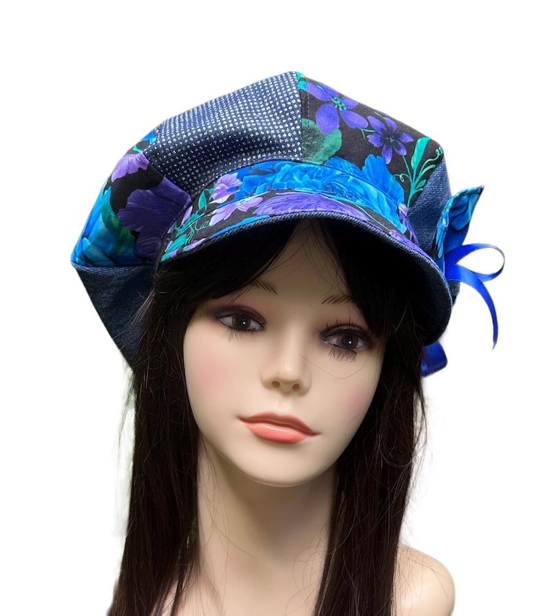 Denim Baker Boy Cap: Purple Blue Floral, Oversized Roomy Fit - Etsy