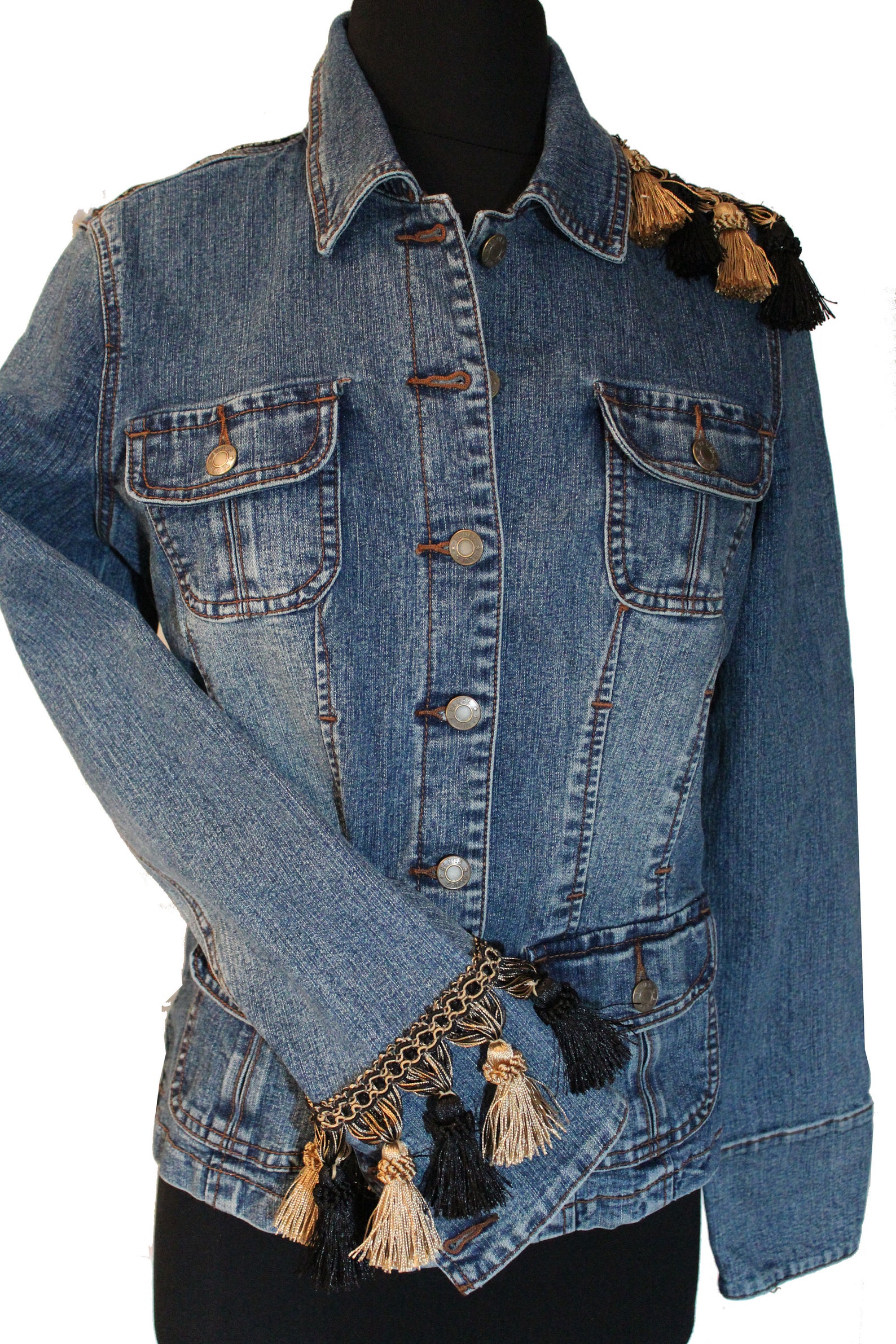 Jean Jacket M Golden Tassels Wearable Art From Our - Etsy