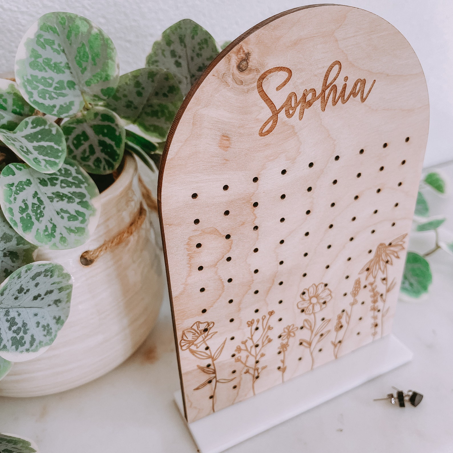 Floral Print Wooden Earring Stand With Acrylic Base Arch - Etsy