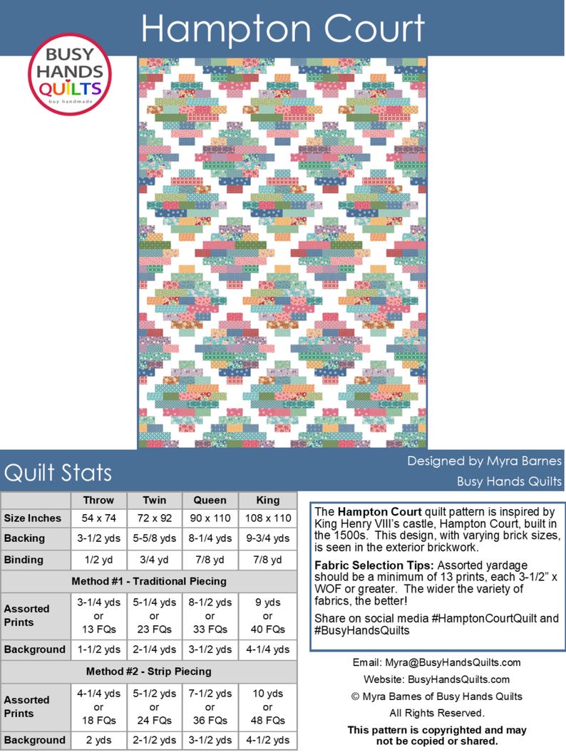 4 Sizes Hampton Court Quilt Pattern, PDF DIGITAL Download, Throw Twin ...