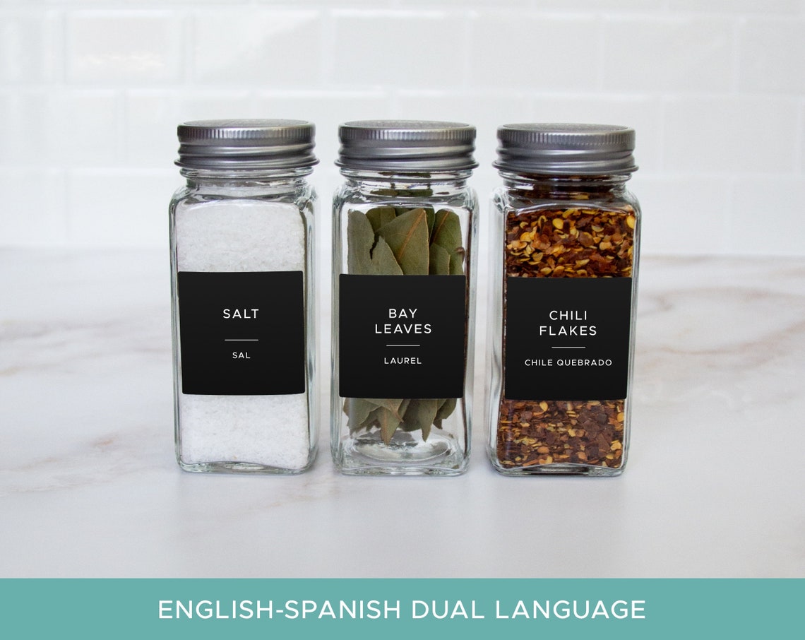 English Spanish Dual Language • Flat Black Modern Spice Labels ...