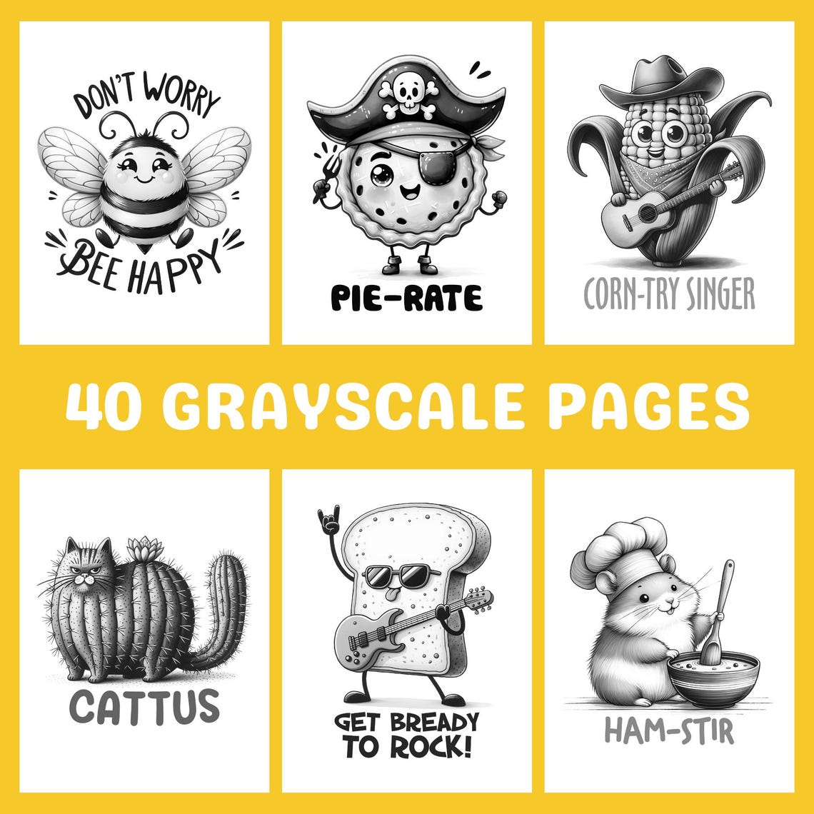 Fun With Puns Grayscale Coloring Book: 40 Humorous Designs, High ...