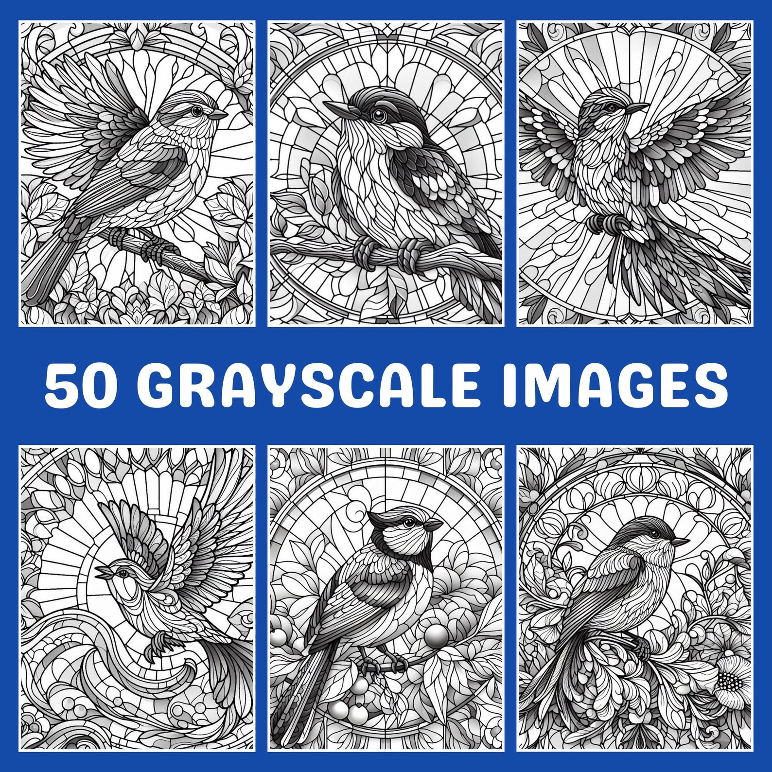 Stained Glass Birds: 50 Grayscale Designs Printable Coloring Book for ...