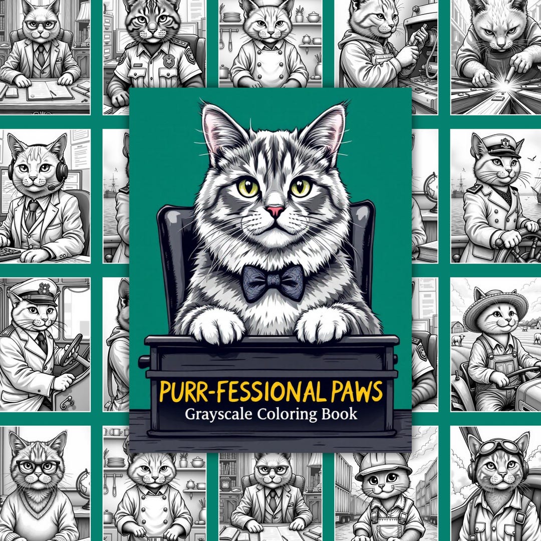 Purr-fessional Paws: 100-page Cats in Careers Grayscale Coloring Book ...