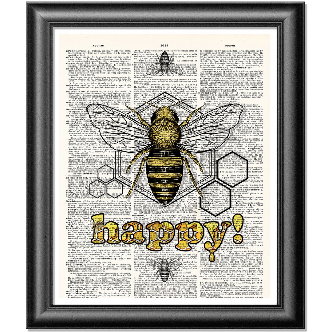 Bee Happy Art Print: Antique Dictionary Page Wall Art - Etsy