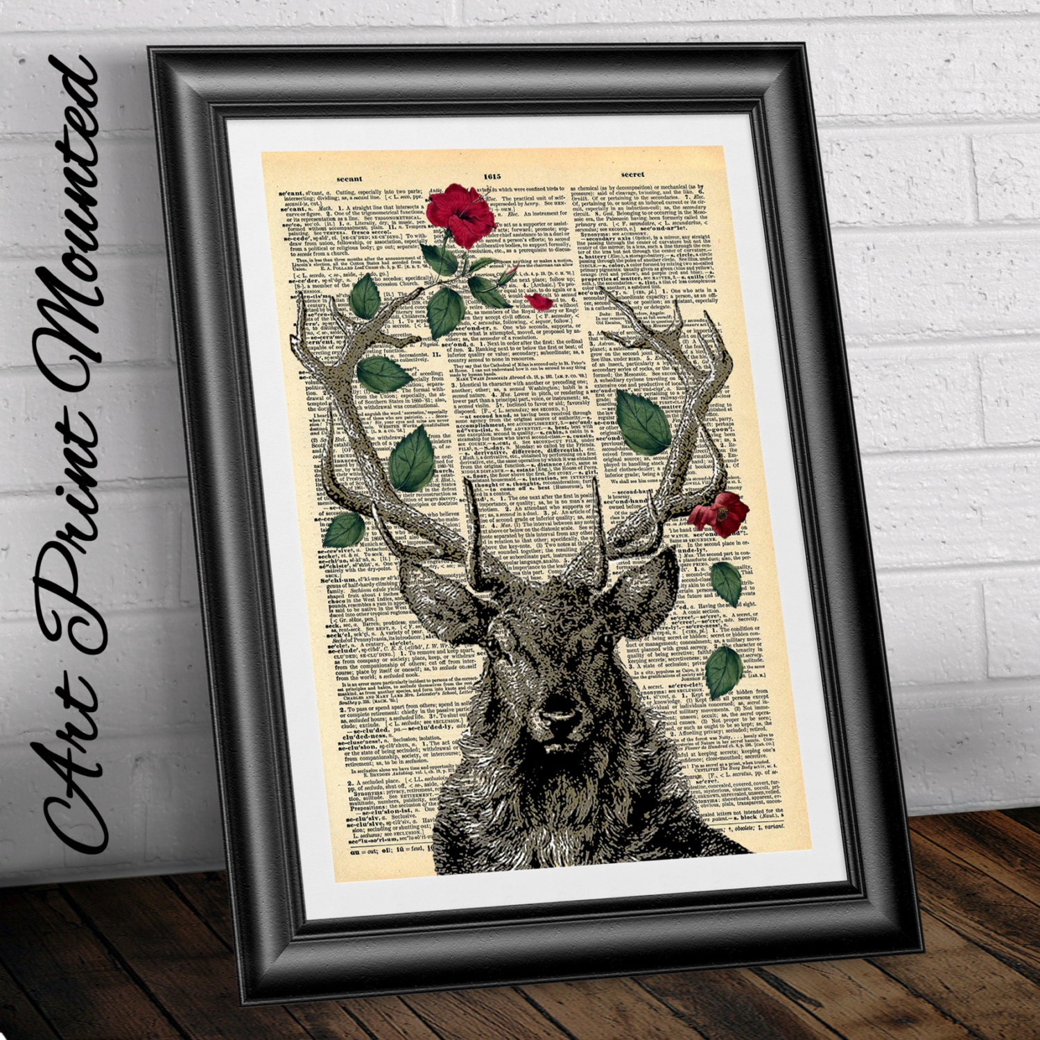 MOUNTED Deer Stag Flowers Dictionary Art Print. Deer Wall Art Antique ...