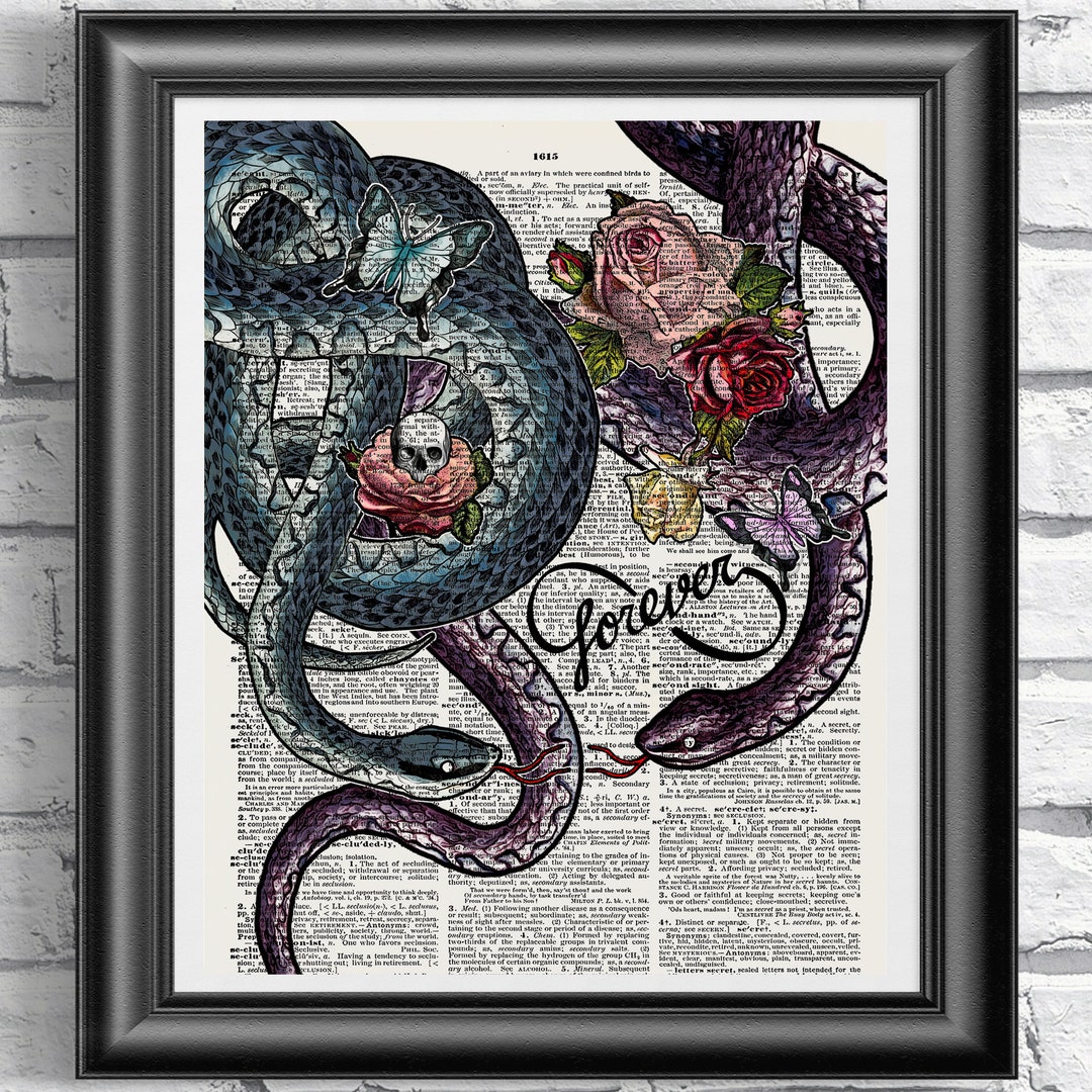 Snakes Art Print, Poster Print on Dictionary Book Page, Gothic Wall Art ...