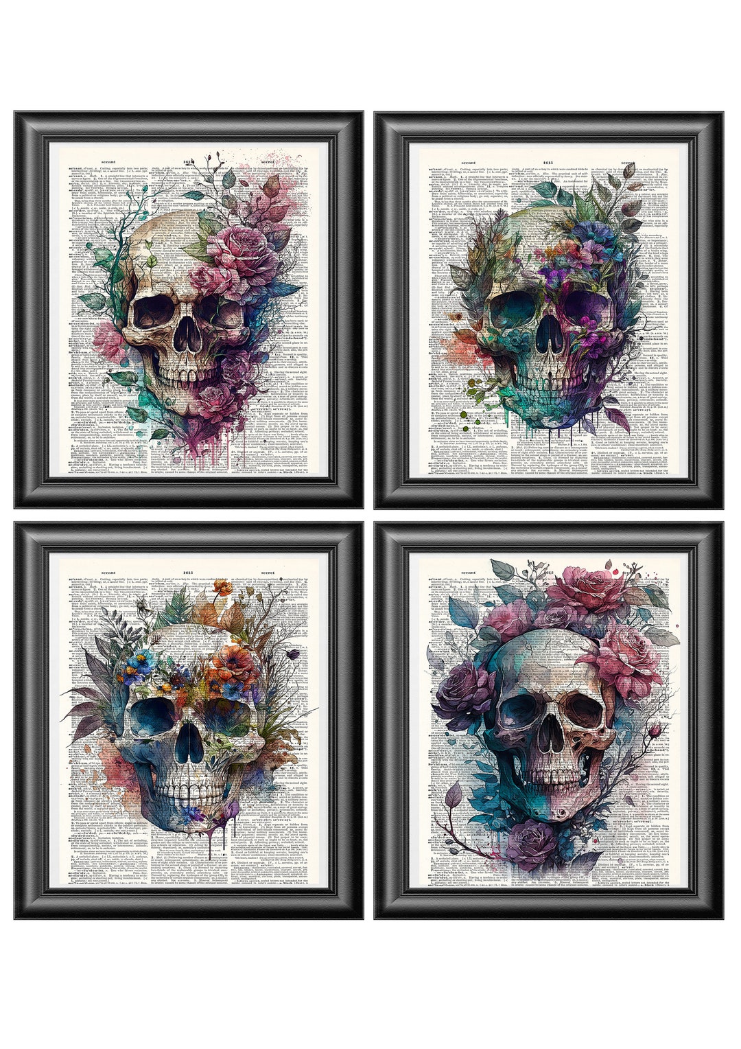 Floral Skulls Set of Prints, Dictionary Art Print, Gothic Decor ...