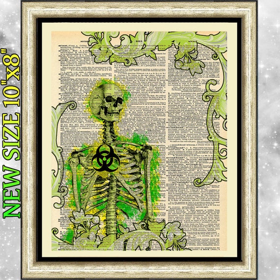 Biohazard Skeleton Art Print on Antique Dictionary Book Page. | Etsy