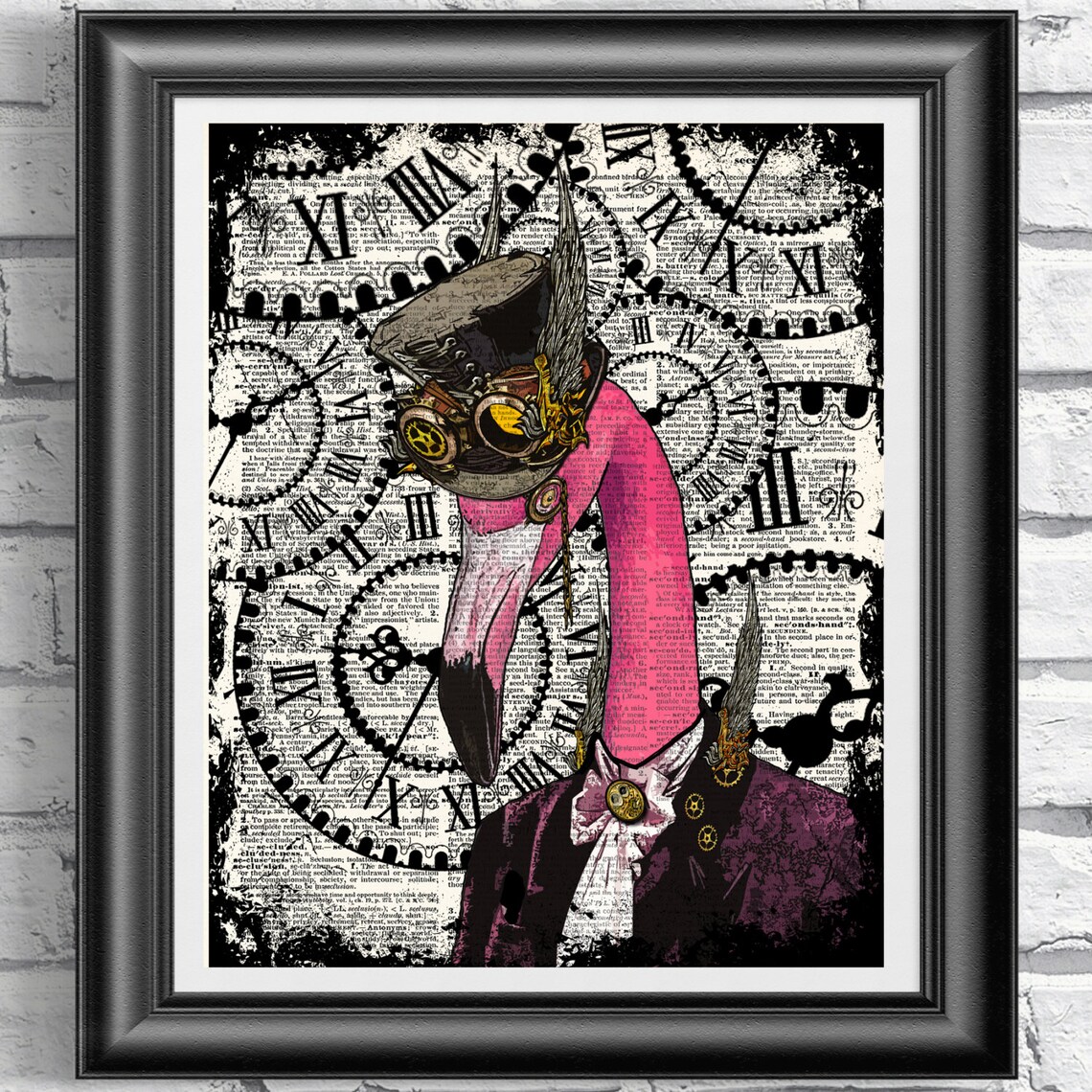 Steampunk Flamingo Print, Dictionary Book Page Art Poster, Dandy Pink ...