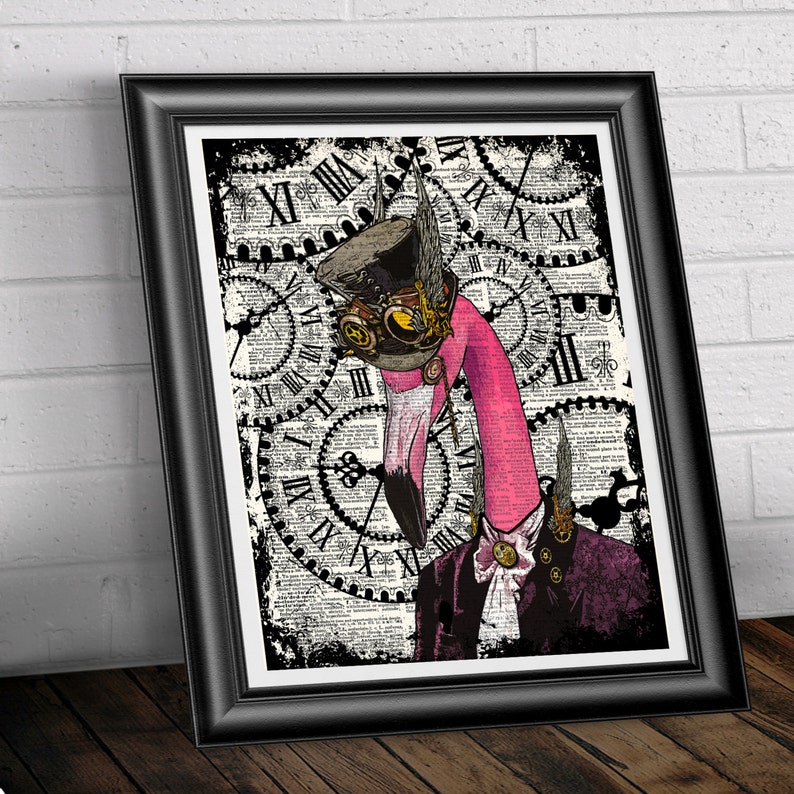 Steampunk Flamingo Print, Dictionary Book Page Art Poster, Dandy Pink ...