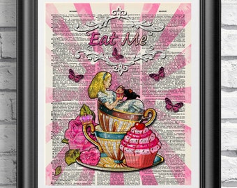 Alice in Wonderland Print: Vintage Eat Me Cup Cake Art Illustration ...