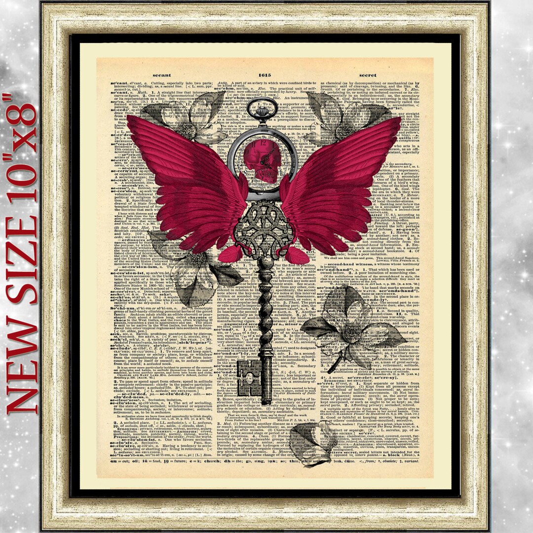 Steampunk Key Art Print on Antique Book Page. Gothic Skull and Wings ...