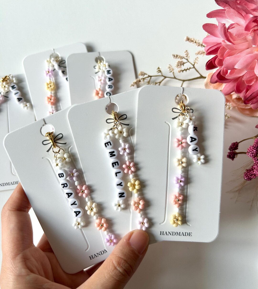Personalized Pastel Pink Beaded Flower Keychain: Custom Name Lanyard ...