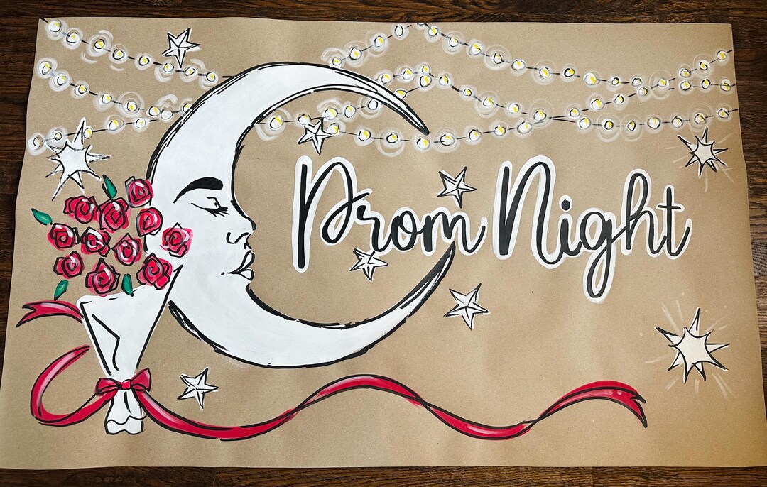 Prom Night Painted Banner: Moon, Roses, Twinkle Lights on Kraft Paper ...