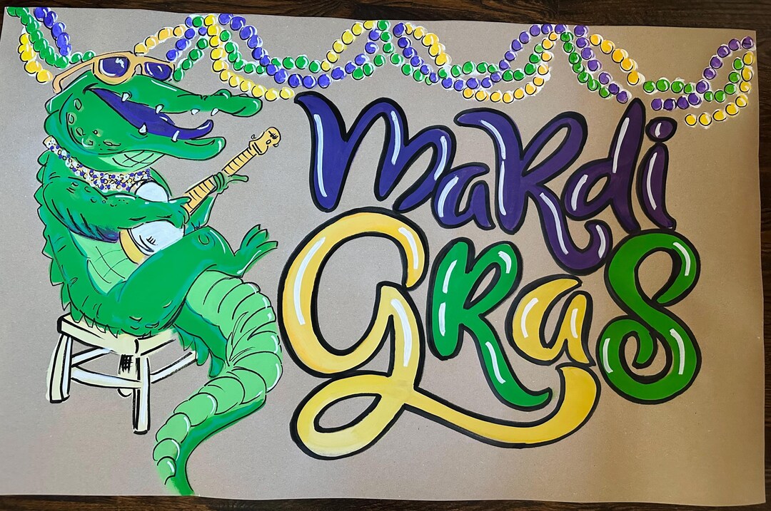 Ready to Ship - Mardi Gras Party Banner With Jazzy Alligator/, Painted ...