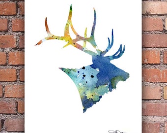 Deer Art Print Abstract Blue Buck Watercolor Painting Wall | Etsy