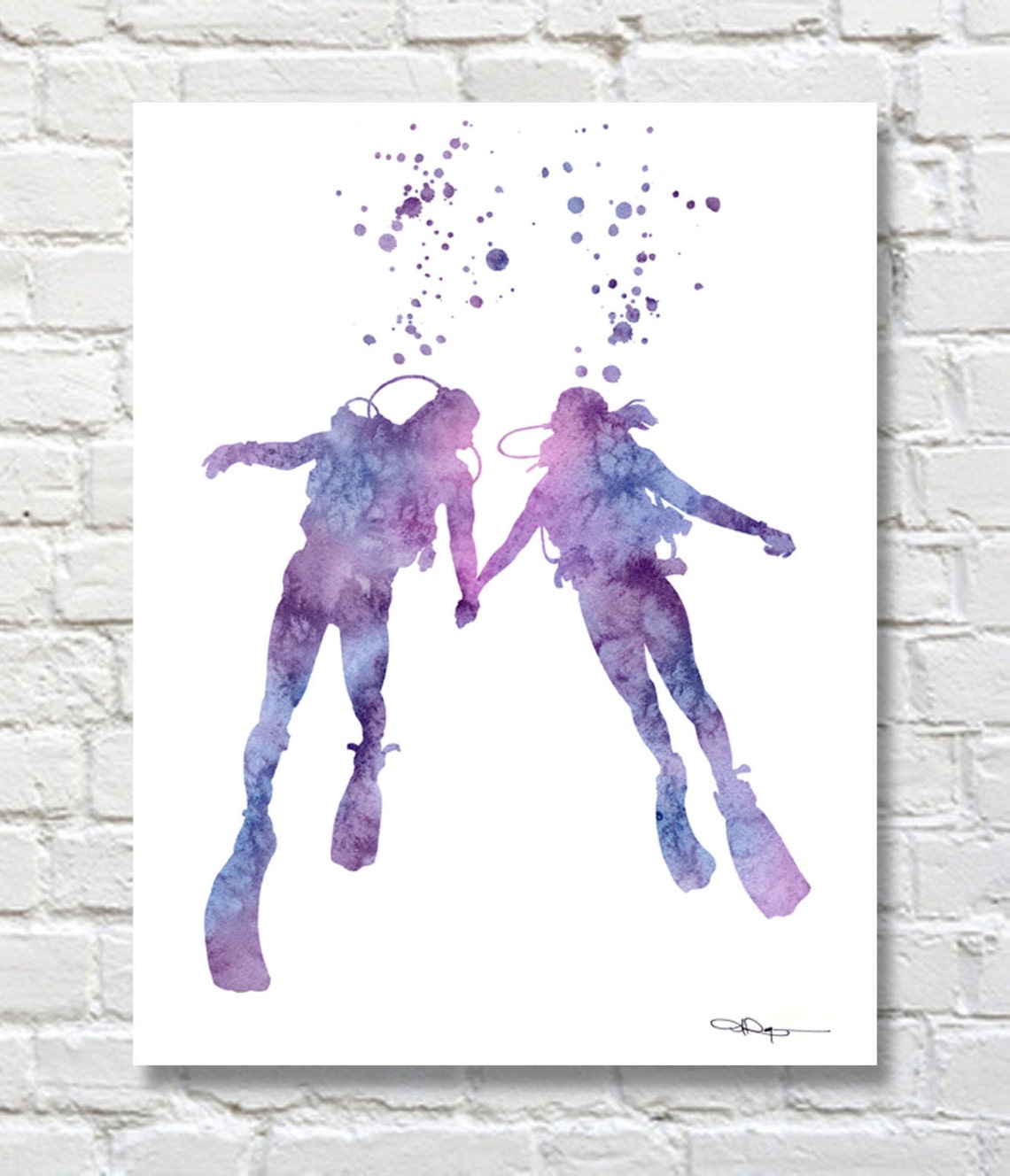 Scuba Divers Art Print Abstract Watercolor Painting Wall - Etsy