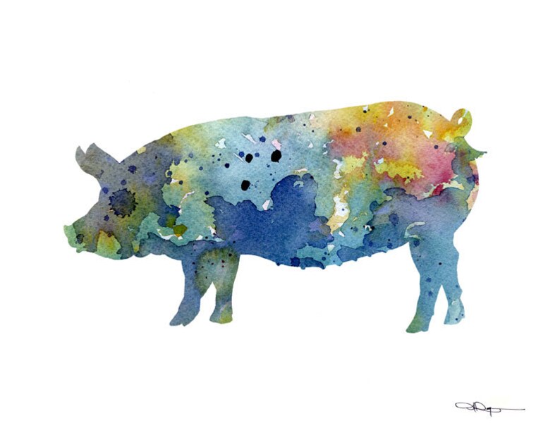 Blue Pig Art Print Abstract Watercolor Painting Wall Decor | Etsy