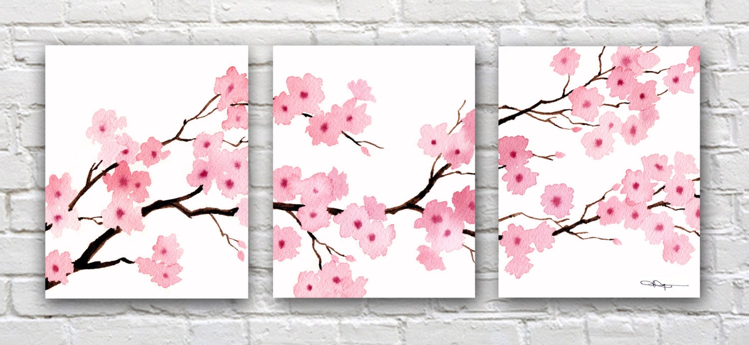 Cherry Blossoms Set of 3 Art Prints triptic Floral Watercolor - Etsy