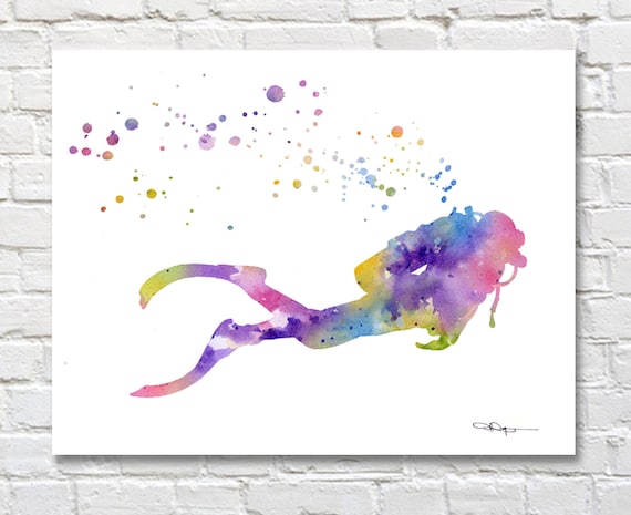 Scuba Diver Art Print Abstract Watercolor Painting Wall - Etsy