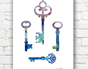 VINTAGE KEY Watercolor Art Print Ink Antique Key Painting Illustrations ...