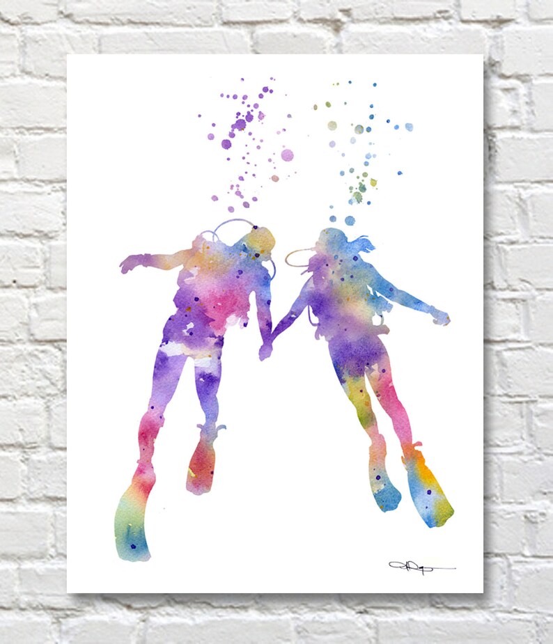 Scuba Divers Art Print Abstract Watercolor Painting Wall | Etsy