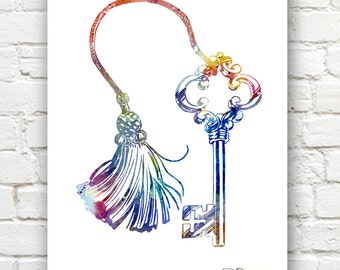 VINTAGE KEY Watercolor Art Print Ink Antique Key Painting Illustrations ...